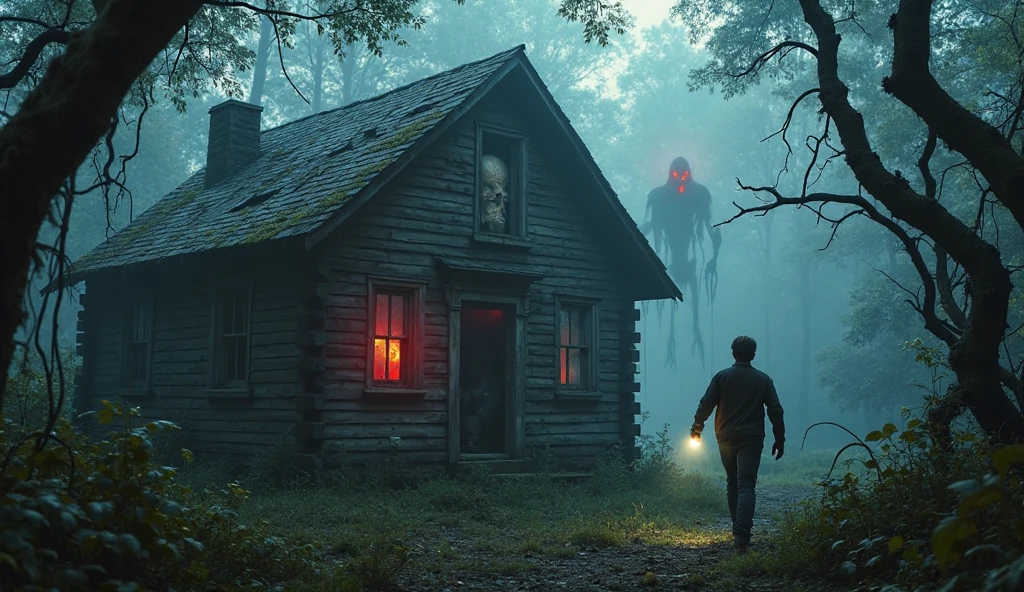 *A decaying abandoned cabin sits deep in the middle of a fog - SeaArt AI