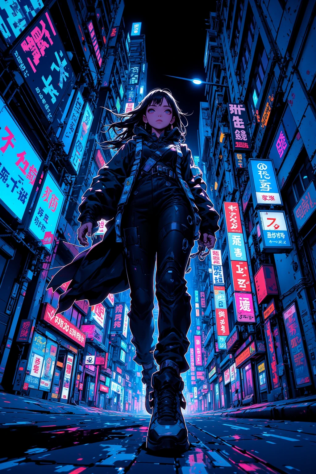 A cyber-inspired streetwear-clad woman speedruns through the night city ...