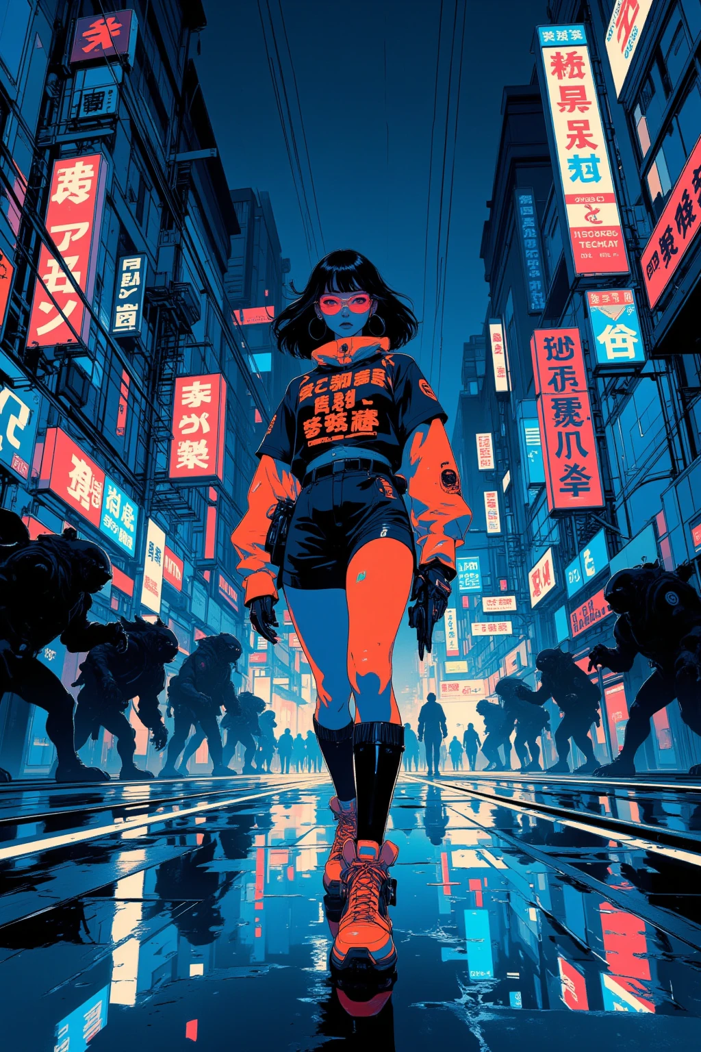 A cyber-inspired streetwear-clad woman speedruns through the night city ...