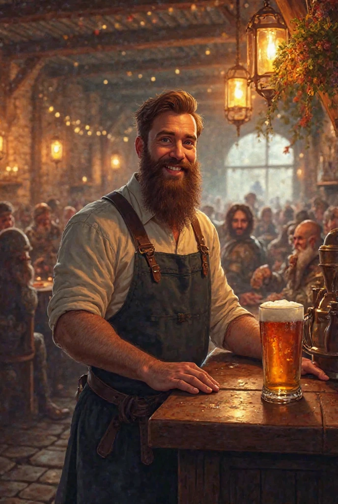 A bartender who is always smiling in a medieval world in a medieval ...