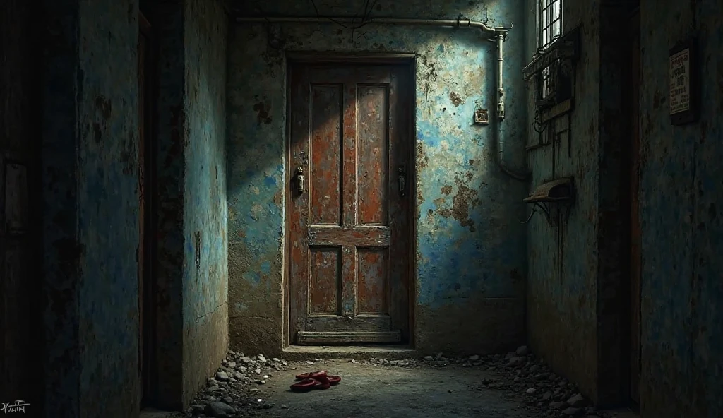 *"An old rusty door of flat no. 13 in a dimly lit Mumbai apartment ...