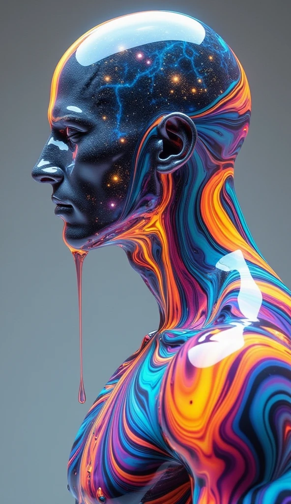 Create a surreal, hyperrealistic portrait of a muscular man whose ...