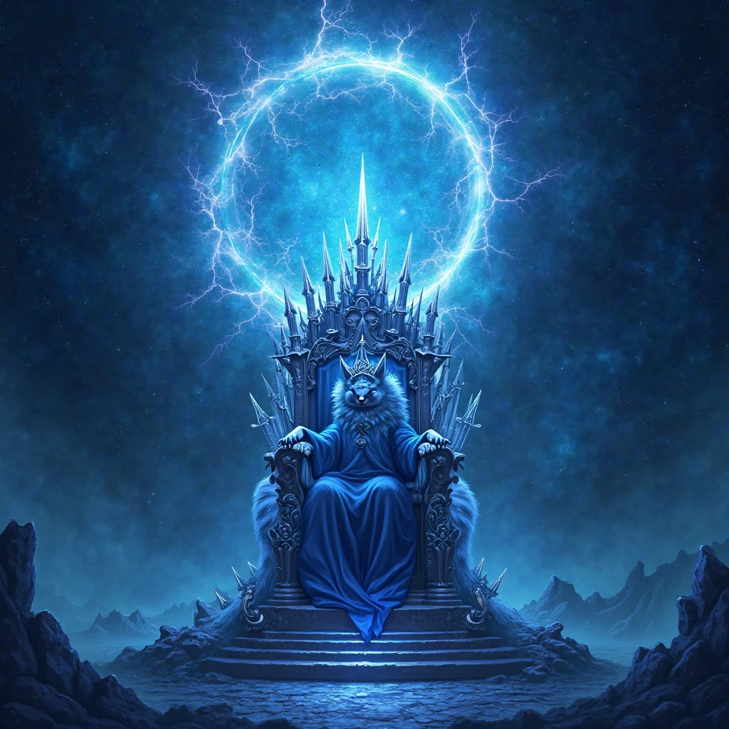 Make me a blue fox Galaxi with a crown on a throne made of sword with a ...