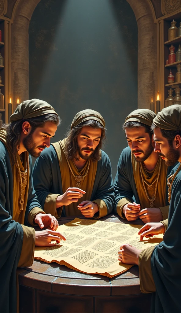 Illustration of a group of scribes reviewing sacred texts. - SeaArt AI
