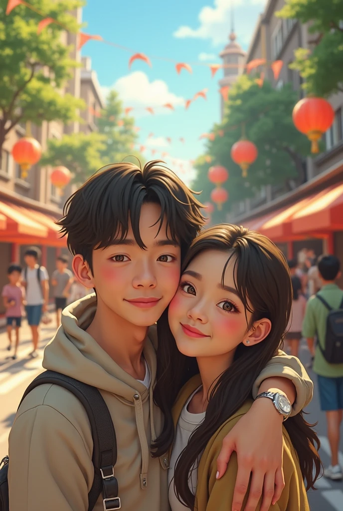 20 year boy and girl smiling selfie people moving behind turn this into ...