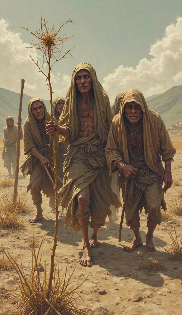 A group of gaunt villagers bent over cracked, arid fields, attempting ...