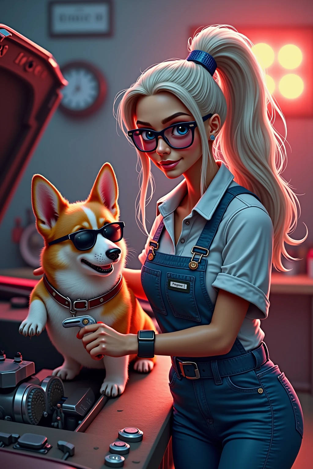 Skilled mechanic's workshop with a cute smiling corgi dog --ar3 - SeaArt AI