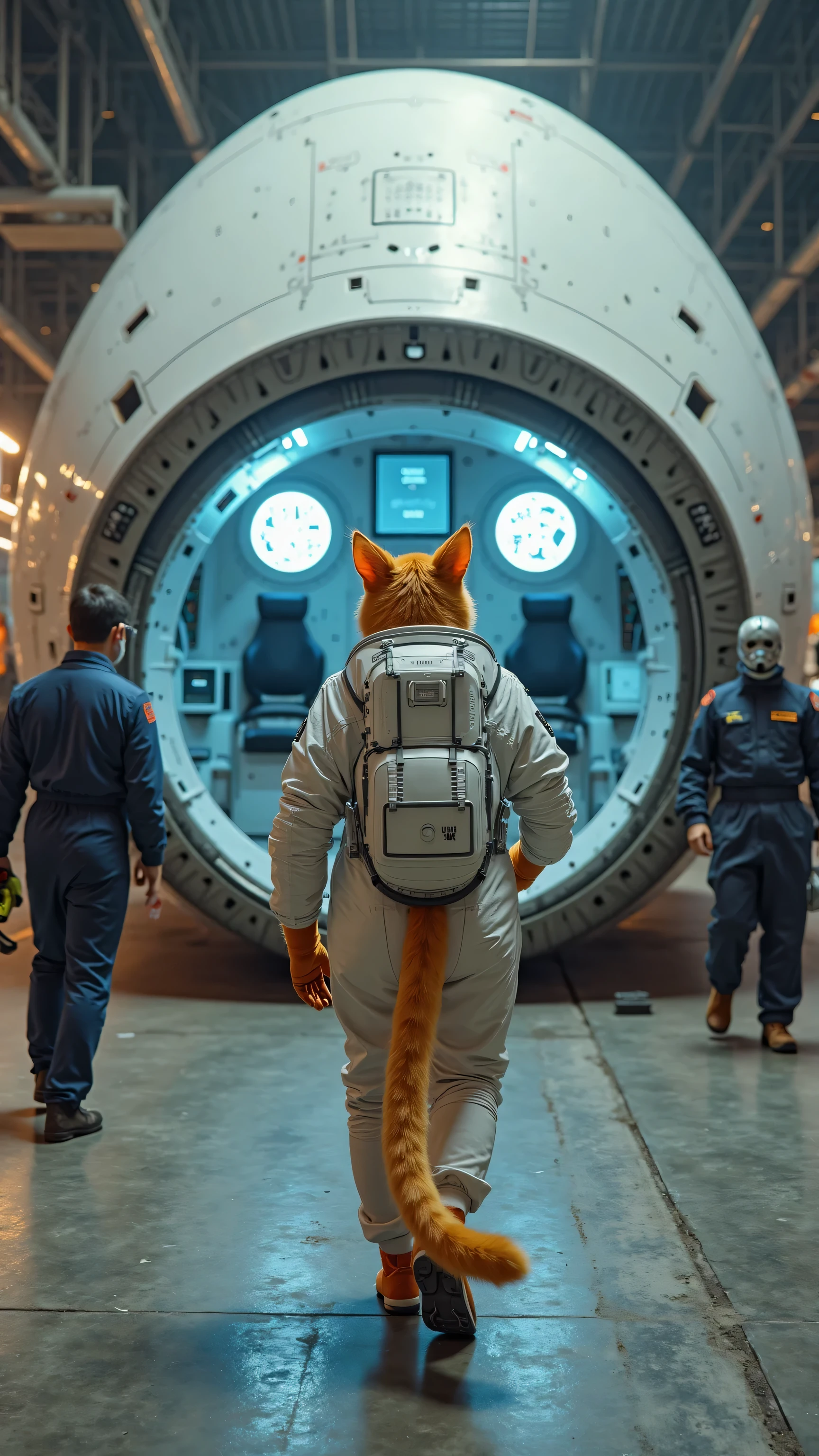 There is a cat in a space suit walking towards a space station - SeaArt AI