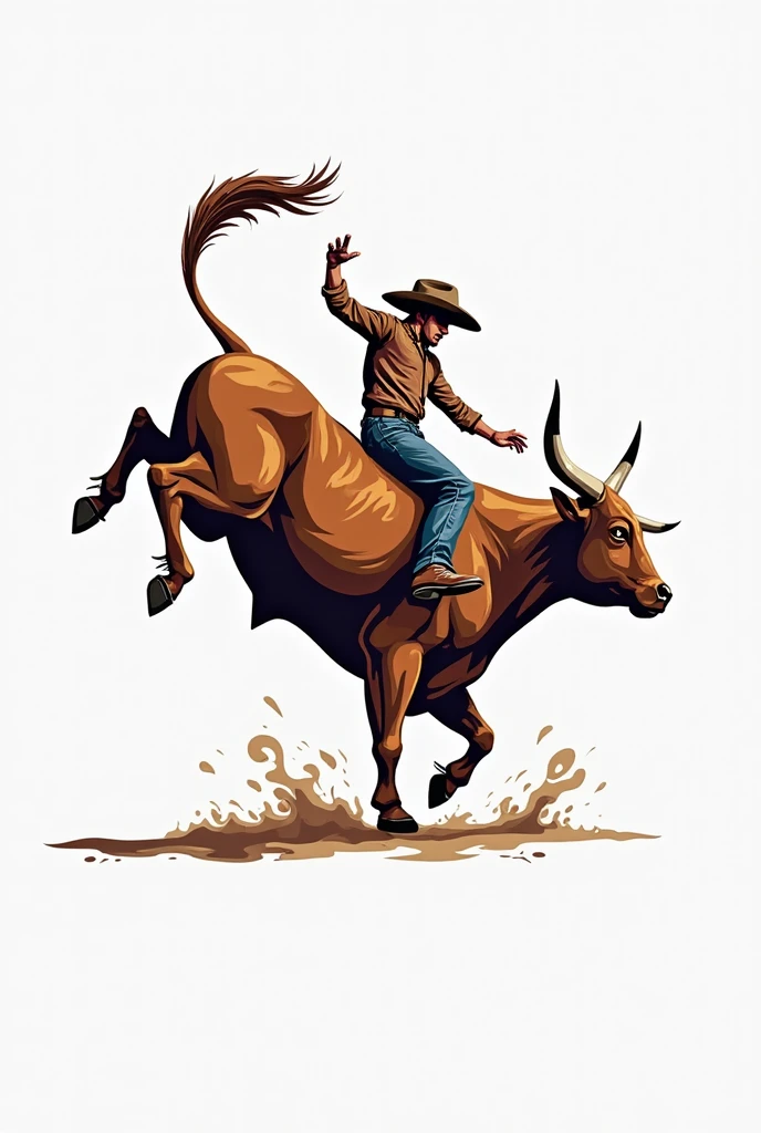 A powerful rodeo bull in a stretched-out bucking position, fully ...