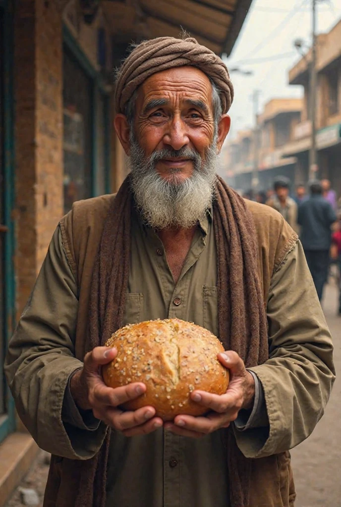 An old poor afghan man who take a bread from a bakary and happy - SeaArt AI