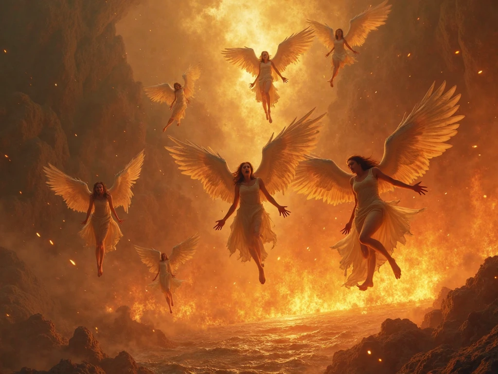Several adult angels thrown into a lake of fire with a face of ...