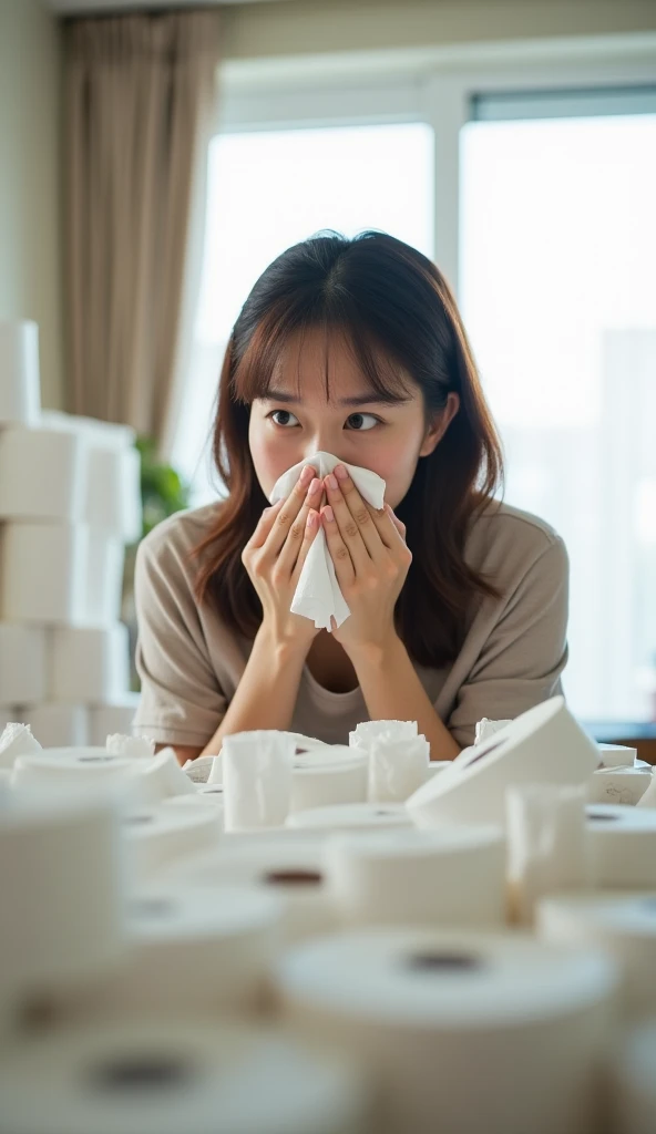 「suffering from hay fever。A woman with a tissue in her nose、a surprised ...