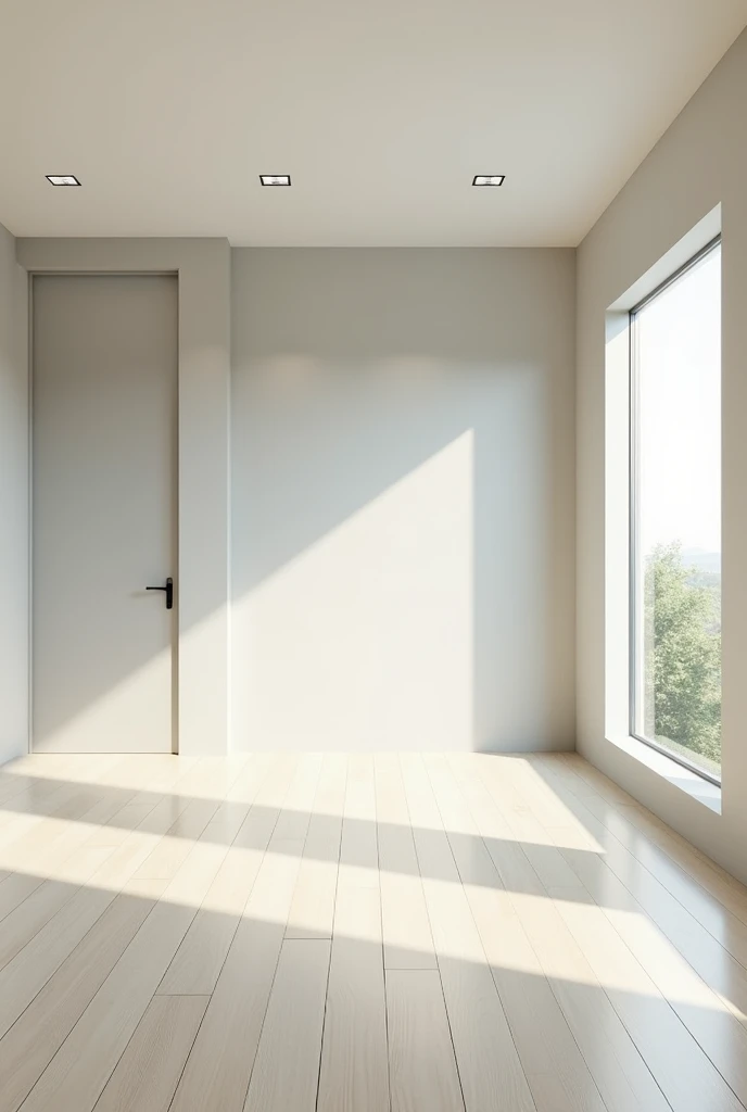 A spacious, minimalistic empty room with light wooden flooring and soft ...