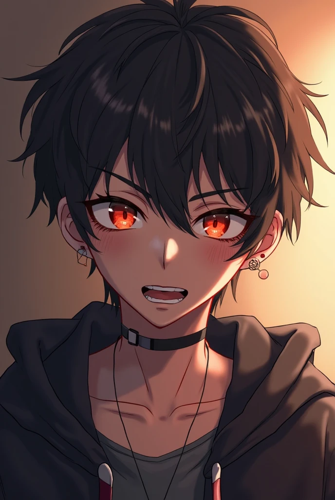 Anime guy, black hair, soft and gentle eyes, panting, chubby cheeks ...