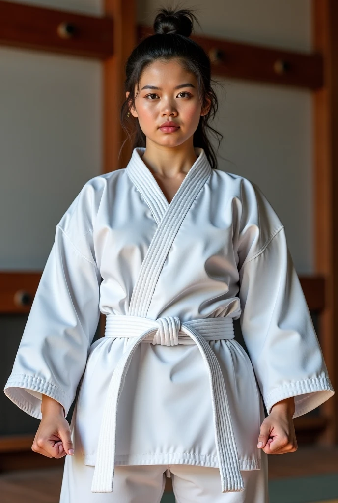 Generate an image of a female fighter wearing white karate gi - SeaArt AI