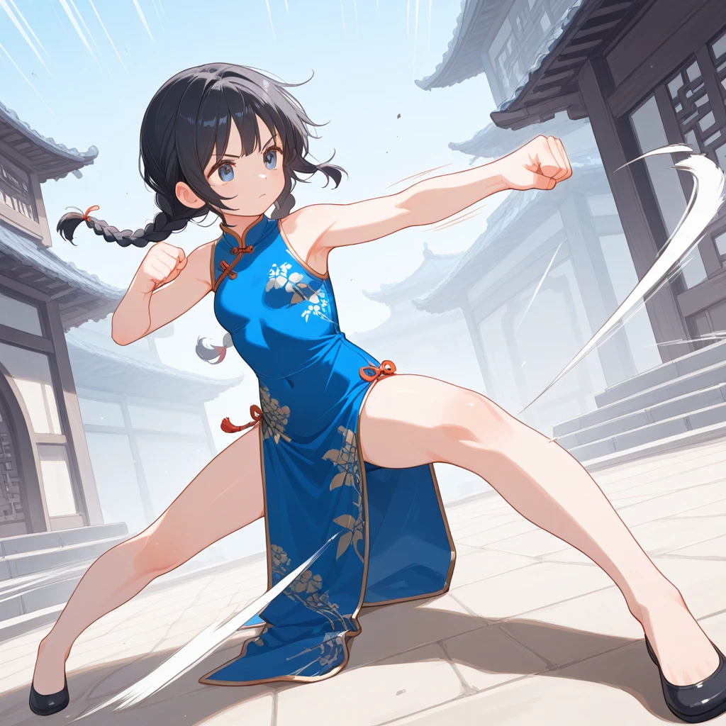 One girl、black hair、braids、blue china dress、dynamic angle,martial arts ...