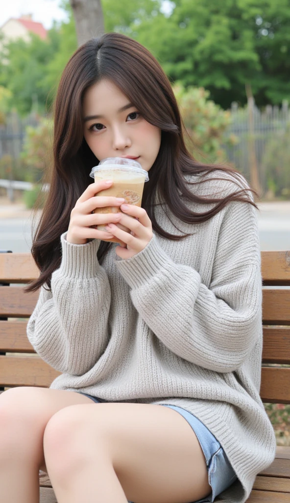 A 1.60m Korean beauty sits on a wooden bench in a park, sipping iced ...