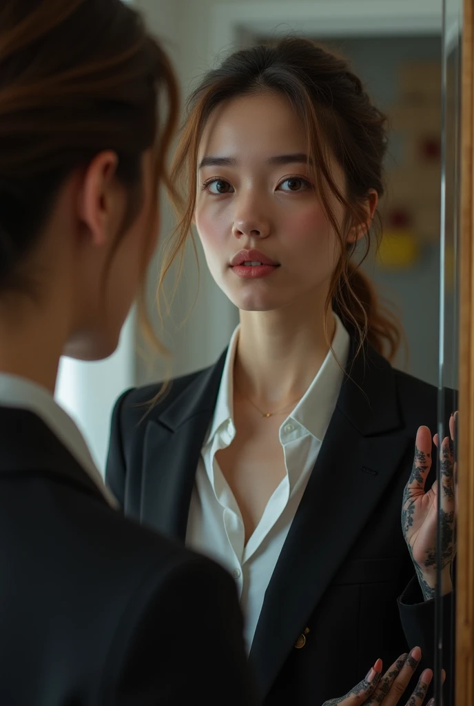 Young woman dressed as a lawyer looking at her reflection, which shows her as an - SeaArt AI