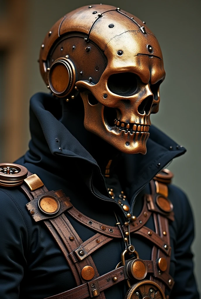 Create a portrait of a man from head to toe wearing a bronze mask ...