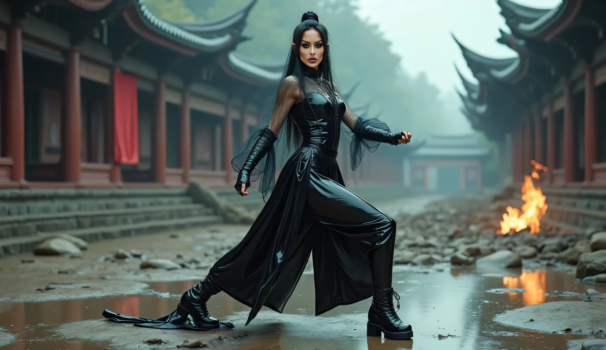 A woman in a black outfit is standing in front of a fire - SeaArt AI