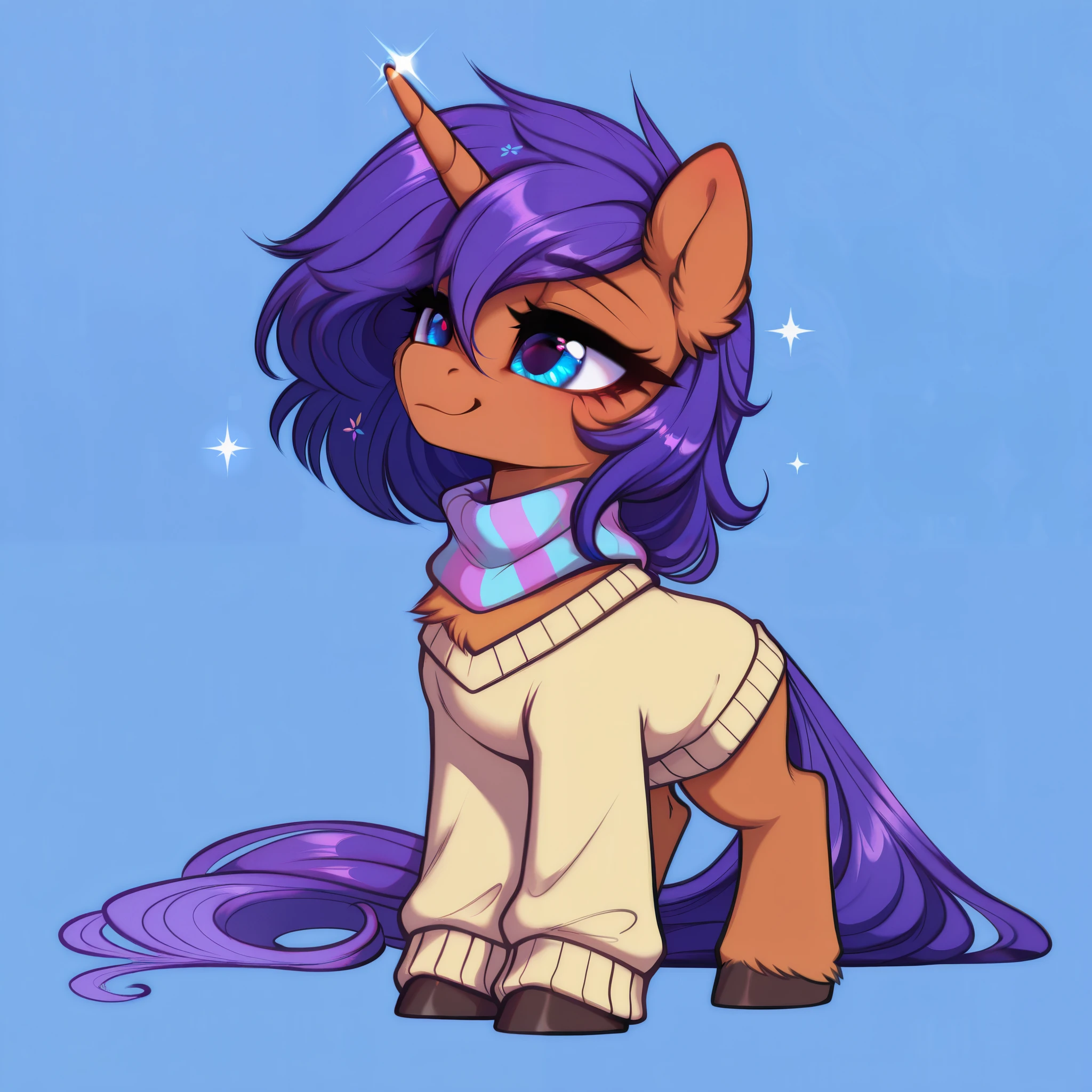 A close up of a pony with a purple mane and a white shirt - SeaArt AI