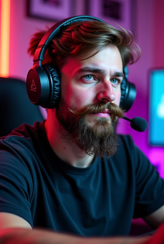 There is a man with a headset on sitting at a desk, mexican mustache ...