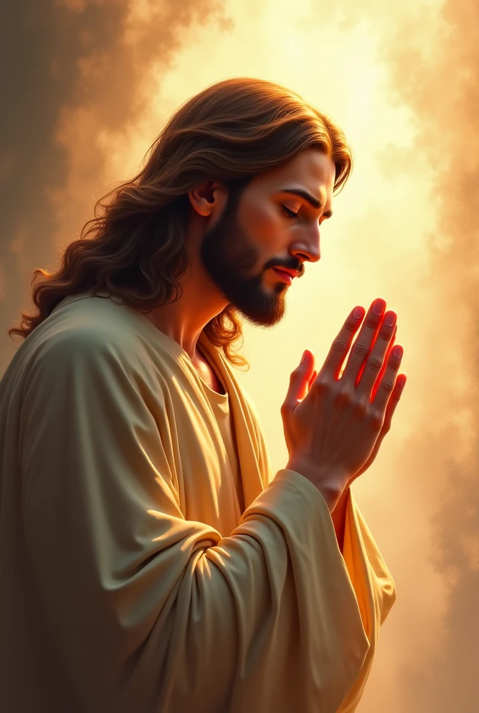 Jesus with folded hands praying and smiling with a beautiful ...