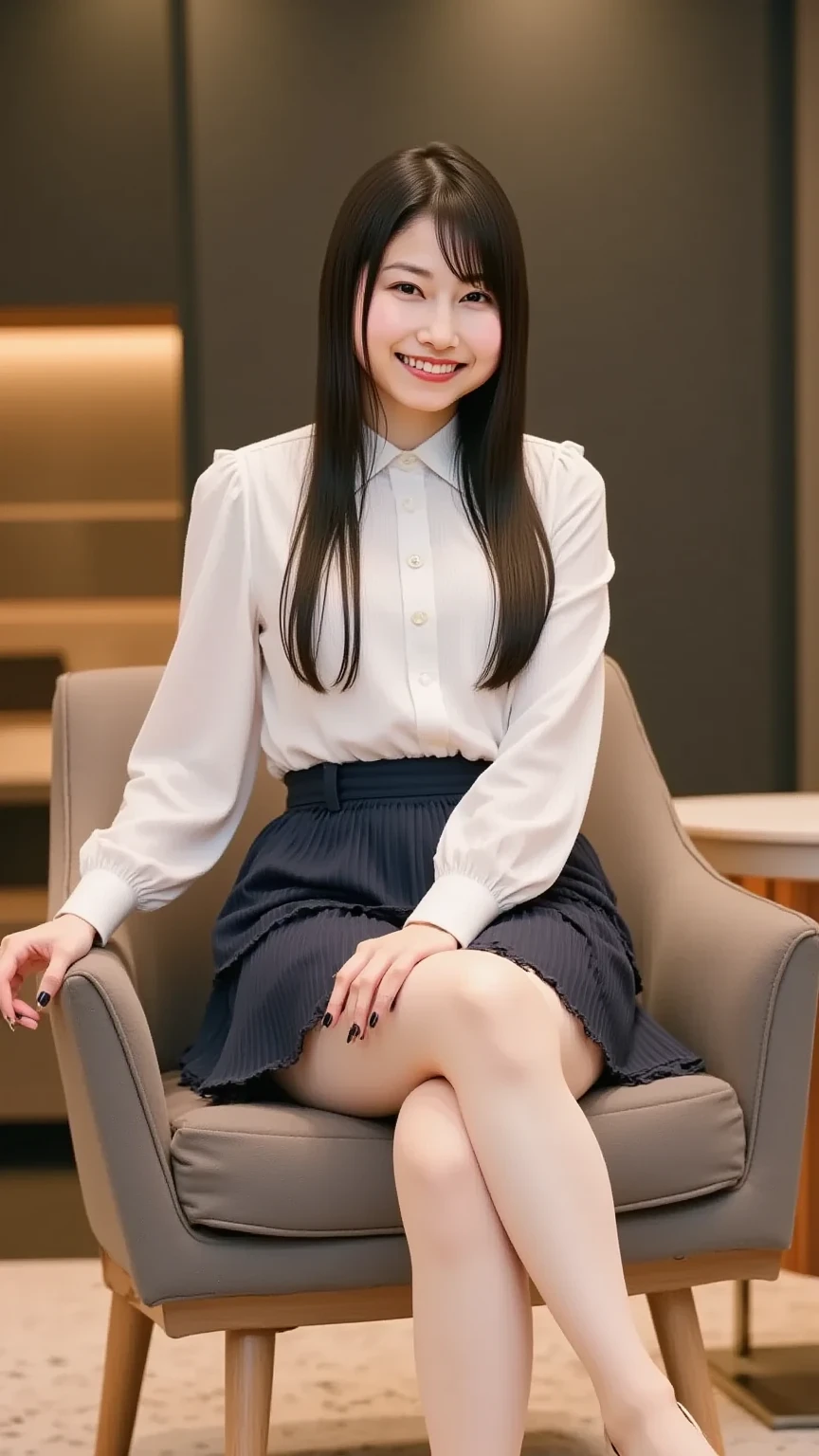 「A woman sitting on a chair with one leg crossed over the other - SeaArt AI