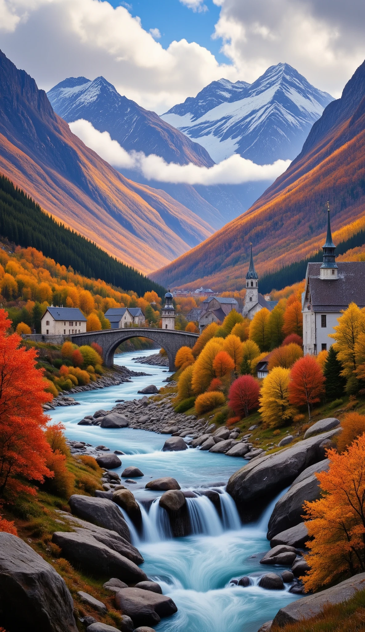 Mountains with a river running through it and a church in the distance ...