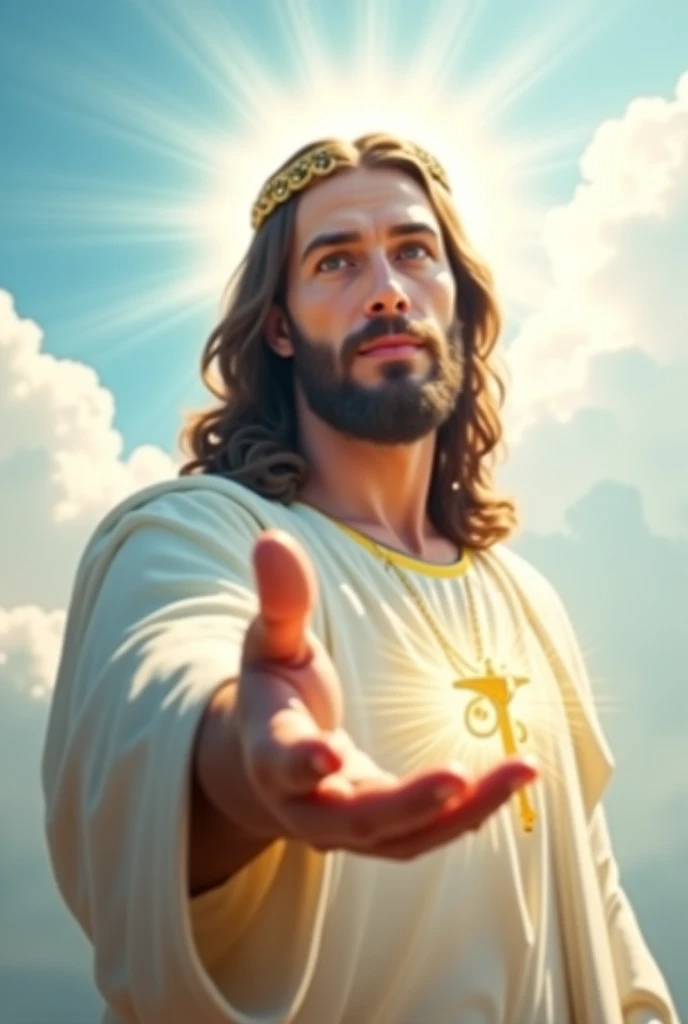 A highly detailed, heavenly scene of Jesus Christ, wearing a radiant ...