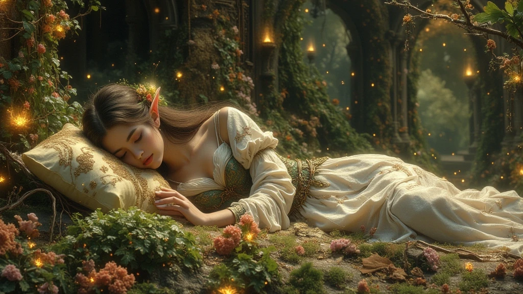 Medieval elf sleeping next to a secret garden full of flowers garden ...