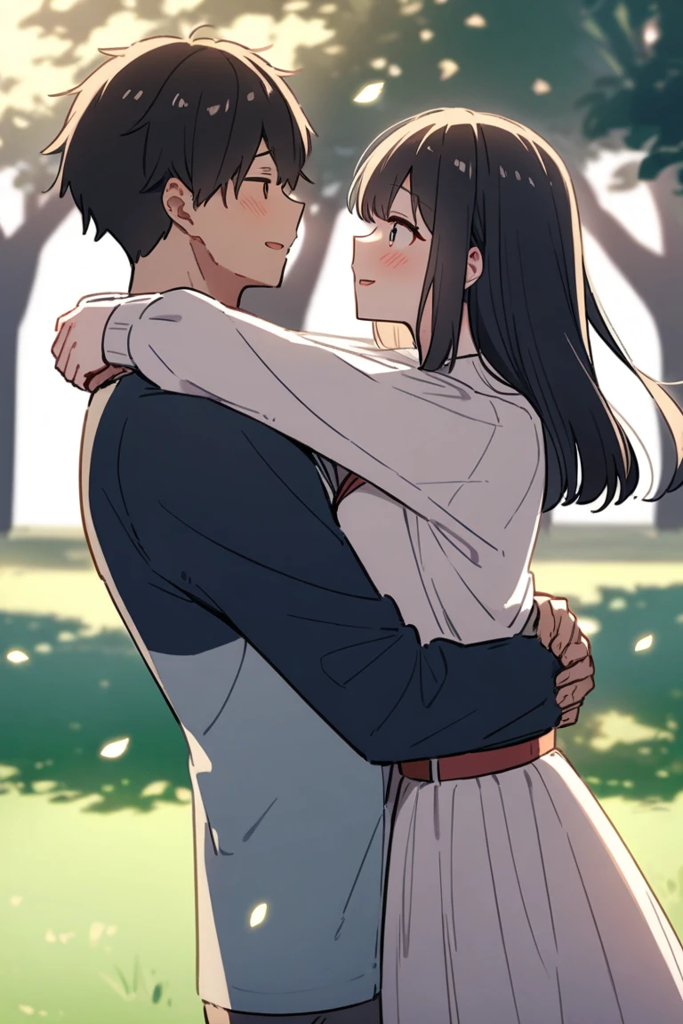 An anime couple is being affectionate in a park, with the girl hugging ...