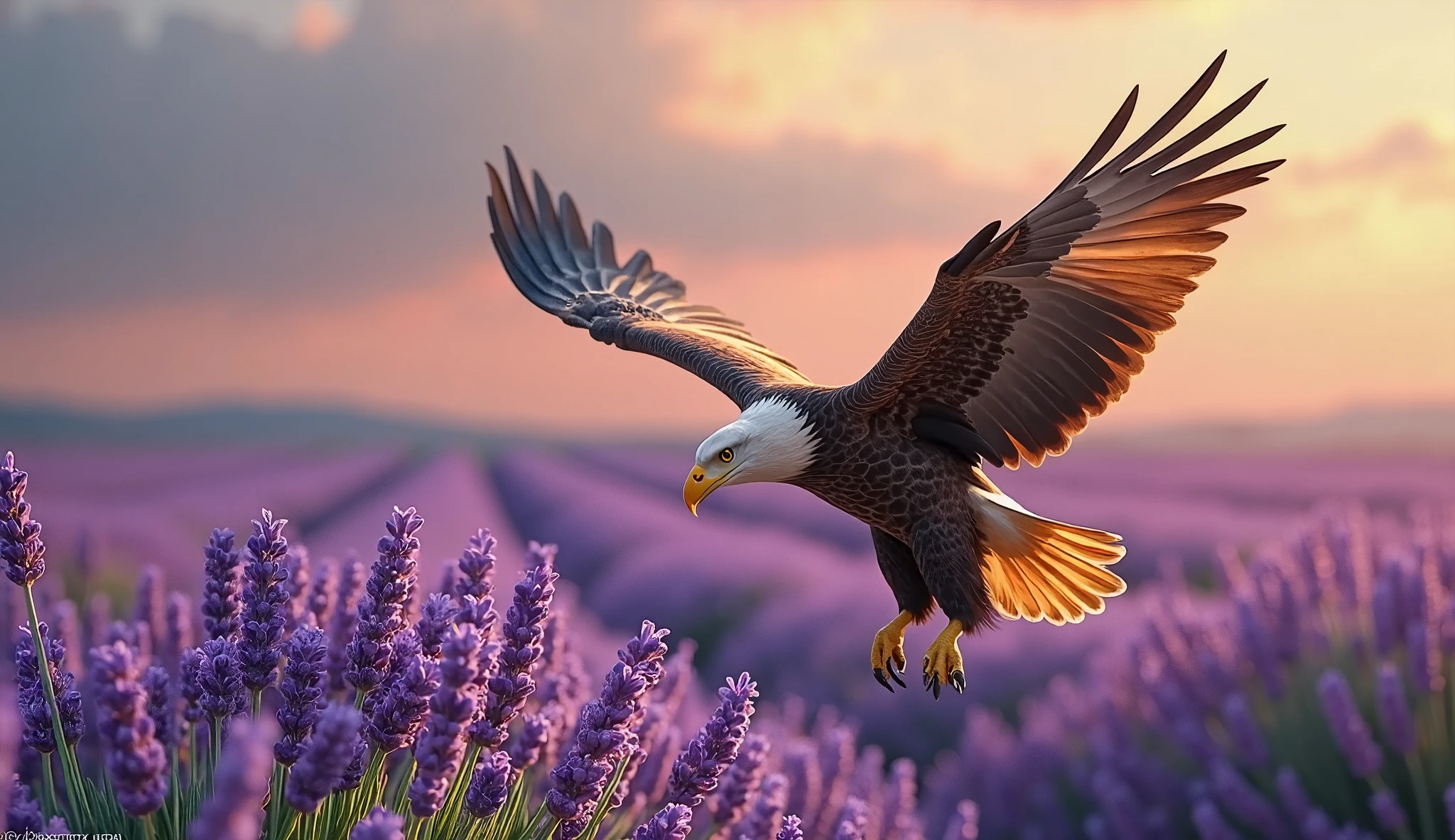 Purple lavender field with eagle flying over lavender field at sunset ...