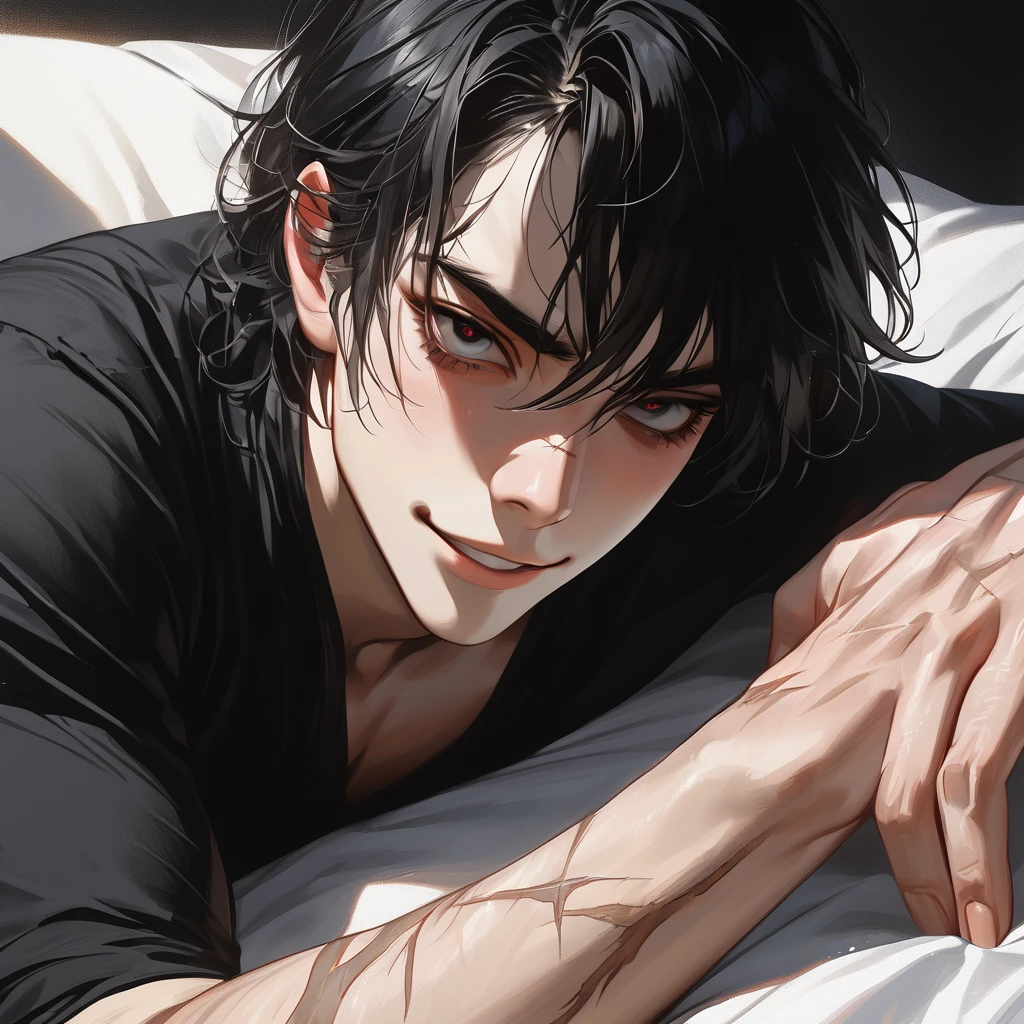 Anime boy with black hair and black shirt laying on a bed, grinning ...