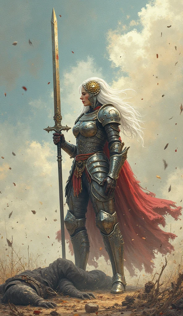 Full body view, woman warrior in full suit of high fantasy metlal fancy ...
