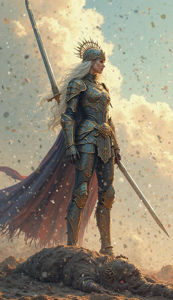 Full body view, woman warrior in full suit of high fantasy metlal fancy ...