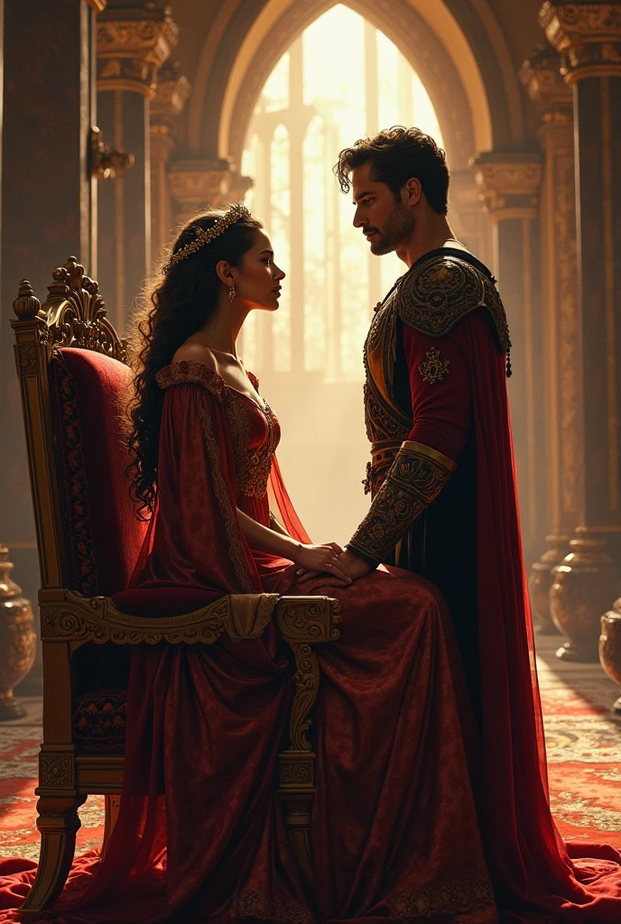 Create an image of a Queen seated on the throne and a king next to her ...