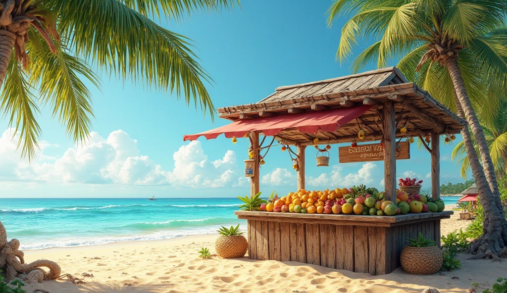 Create a small wooden fruit and coconut stand in the middle of the ...