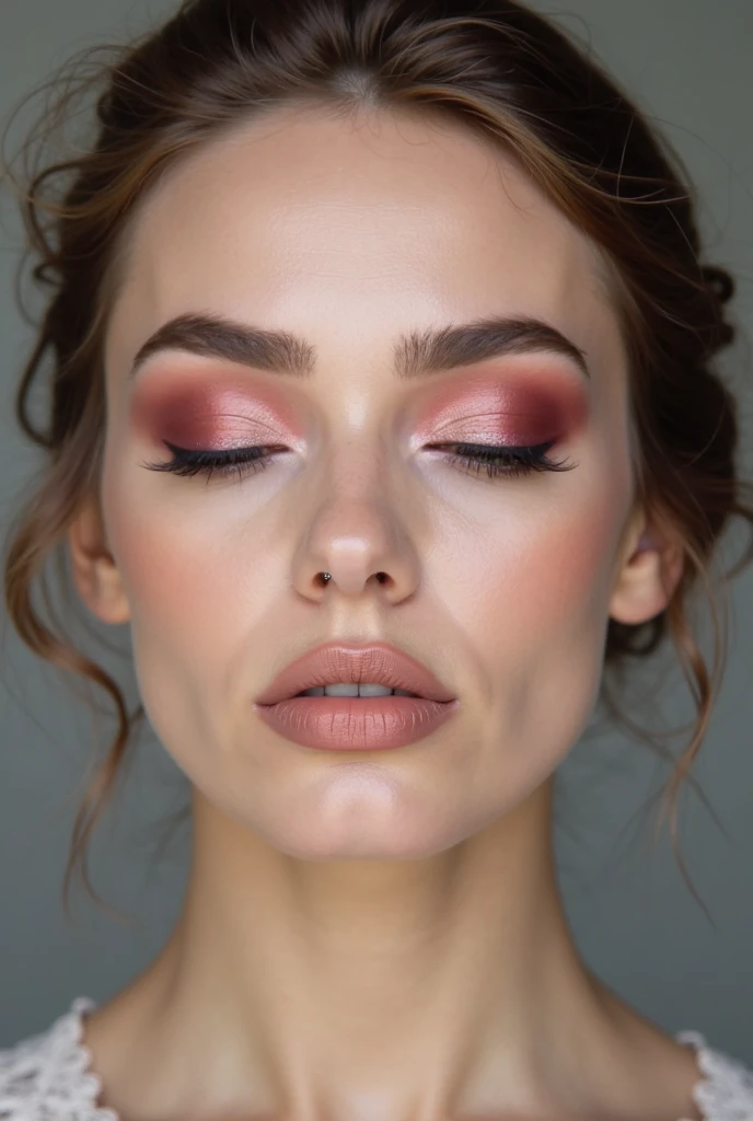 Create makeup photos of a smoky pink with closed eyes and a matte skin ...