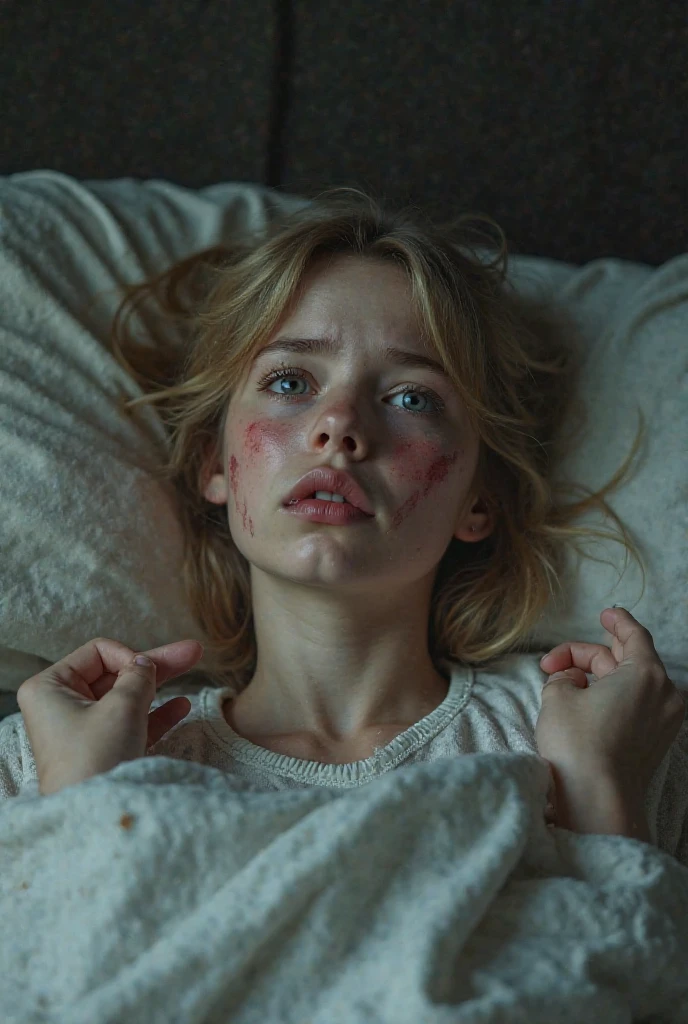 blonde Girl with bruises on her Body and with a broken lip crying and ...