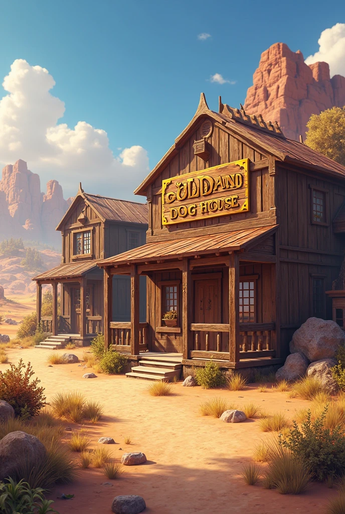 Create me a picture : the picture shows the wild west gold and dog ...