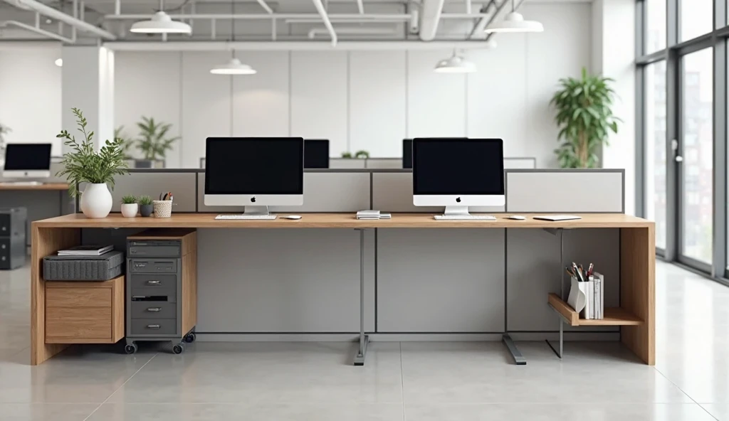 A 6 feet tall office table with two computers and left side computer ...