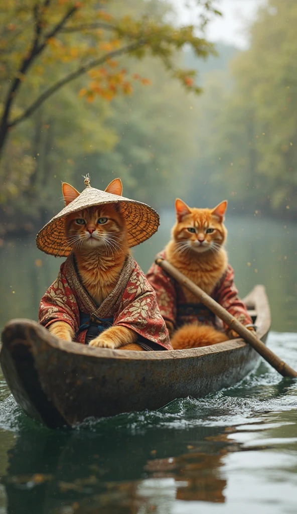 Two orange cats in an old japanese style canoe traveling down a river ...
