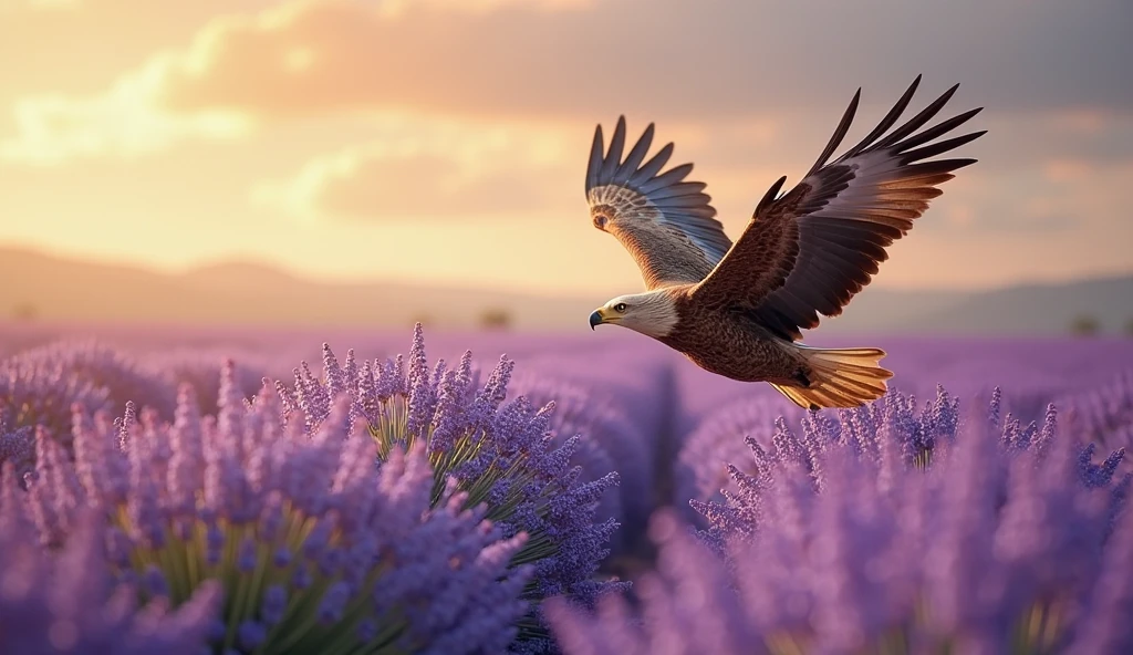 ULTRA-REALISTIC IMAGE of a golden eagle soaring over lavender fields ...