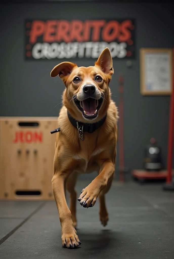 In a CrossFit gym, with a wooden plyo box, a dip bar in the background ...