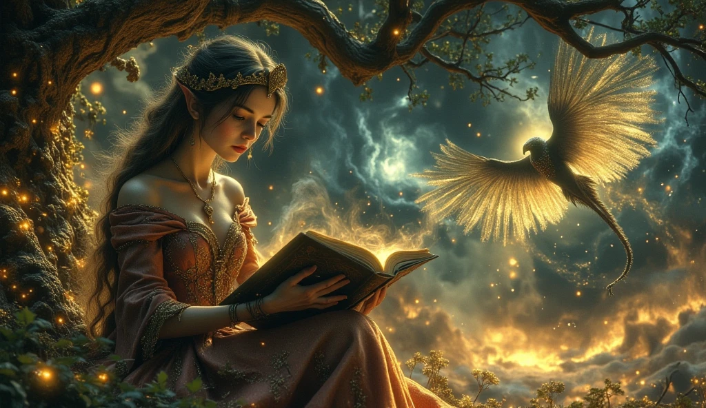 Very beautiful elf painting in a long medieval dress reading a magic ...