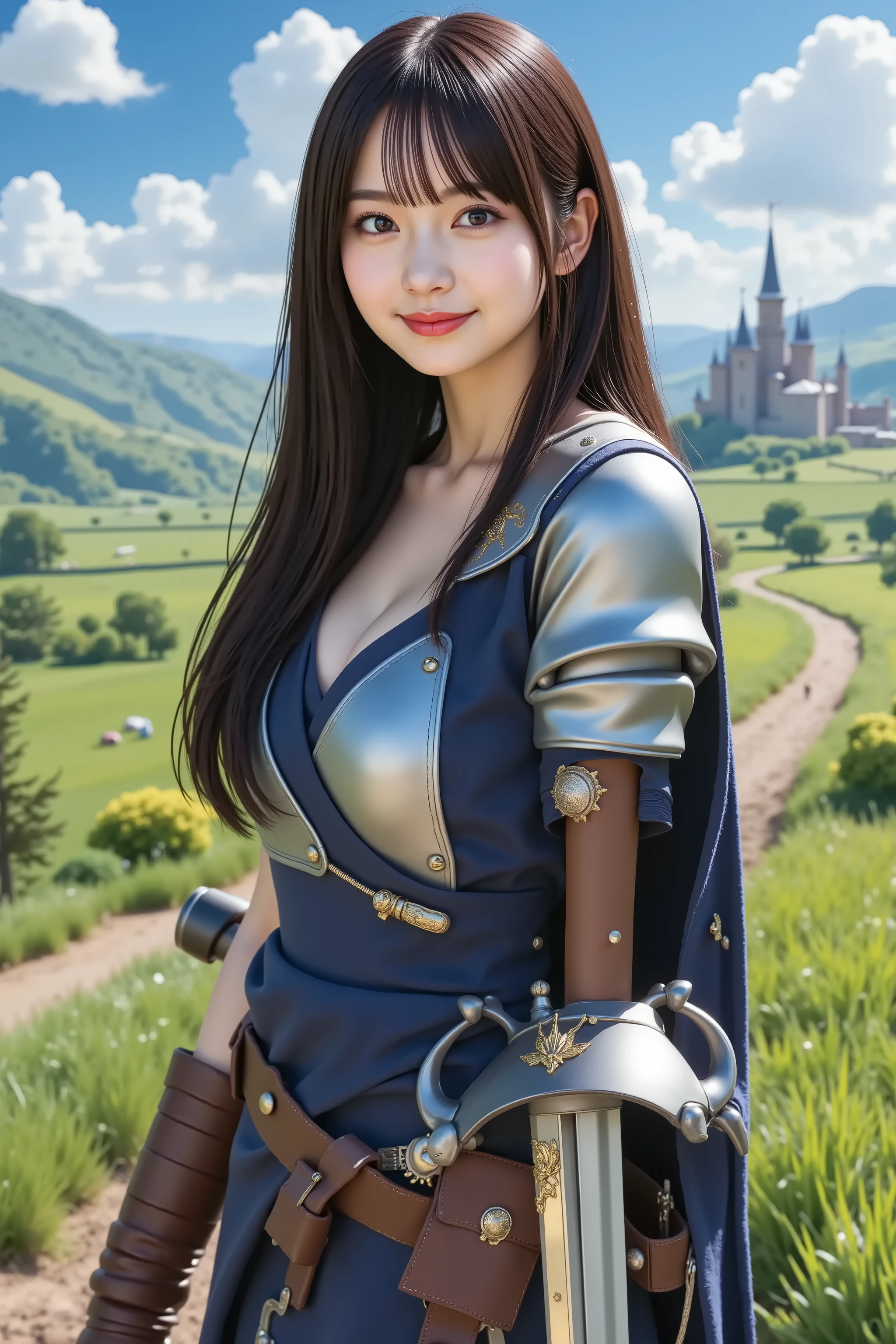 Arafed woman in a medieval dress holding a sword in a field - SeaArt AI