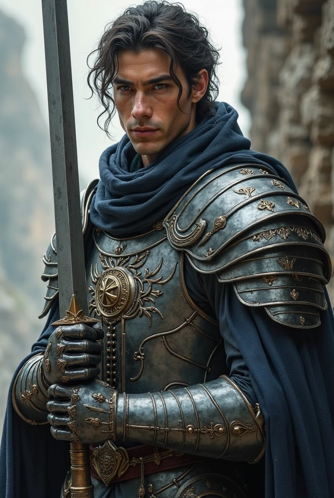 A close up of a man in armor holding a sword, male warrior, a human ...
