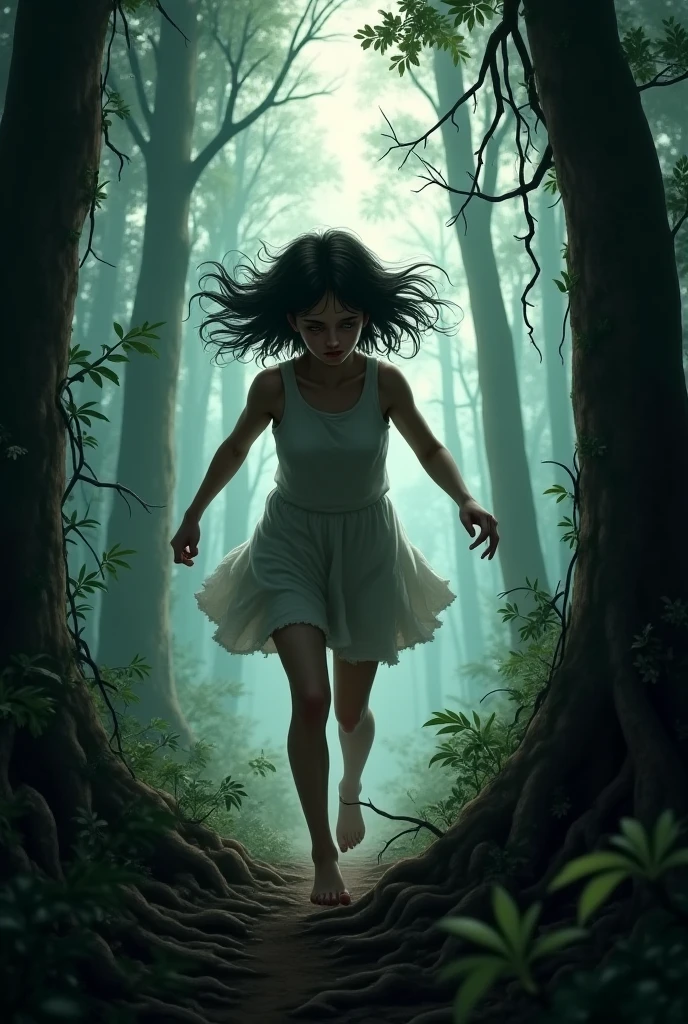 Sad girl running in the woods - SeaArt AI