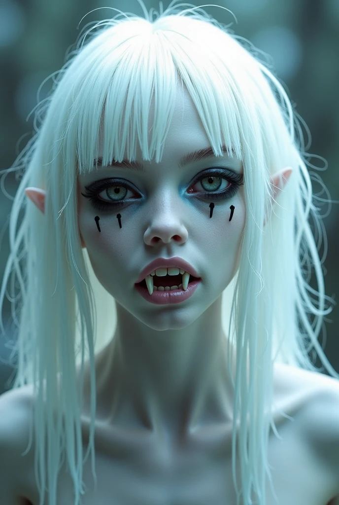 Create a translucent skinned person, with white hair and white eyes ...